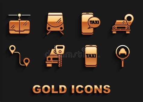 set car rental map pointer with taxi magnifying glass and car taxi