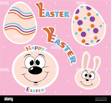 Easter Set Of Stickers Easter Bunny Egg Cartoon Face