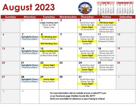 August Calendar Of Events Christian County Elks 2777