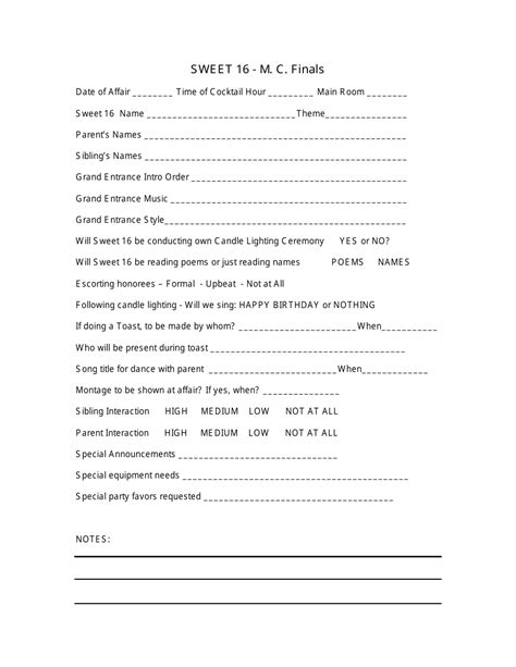 Sweet 16 Party Arrangement Form M C Finals Fill Out Sign Online