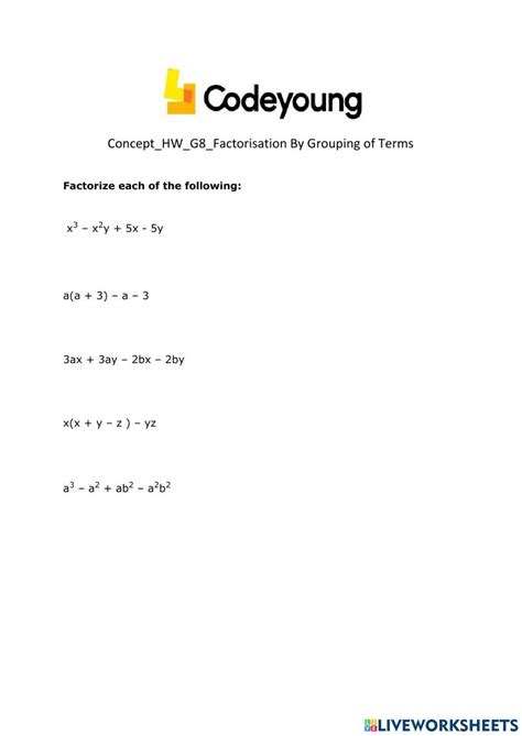Concept Hw G8 Factorisation By Grouping Of Terms Worksheet Live Worksheets