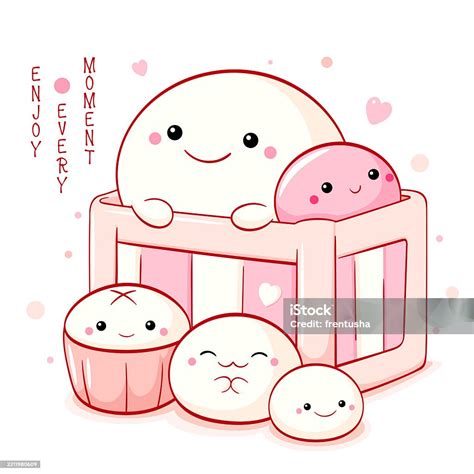 카와이 스타일의 귀여운 아시아 디저트 분홍색 선물 상자에 담긴 중국 전통 만투 빵 비문 매 순간을 즐기십시오 티셔츠 프린트 스티커 인사말 카드에 사용할 수 있습니다 벡터