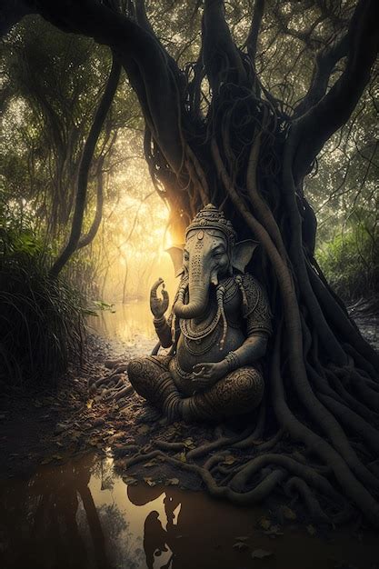 Premium Photo A Tree With A Statue Of A God Sitting Under It