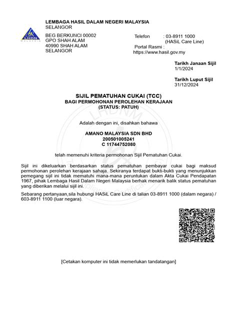 Amano Sijil Pematuhan Cukai Lhdn Pdf