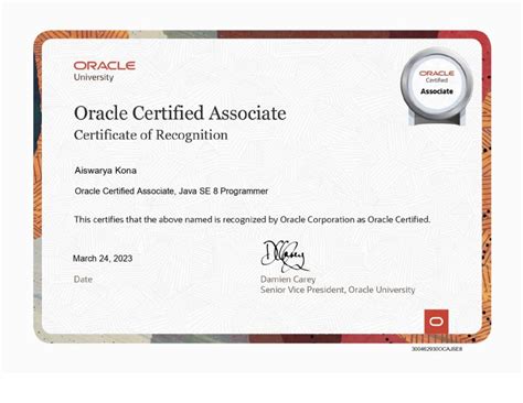 Earned Oracle Certified Associate Java Se 8 Aiswarya Kona Posted On