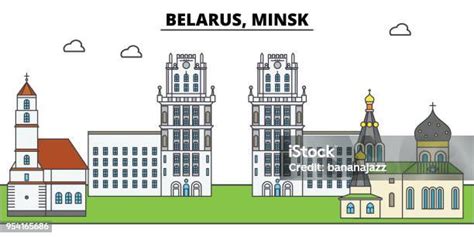 벨로루시 민스크 도시 스카이 라인 건축 건물 거리 실루엣 풍경 파노라마 랜드마크 편집 가능한 스트로크입니다 평면 디자인 라인 벡터 일러스트 레이 션 개념입니다 격리 된