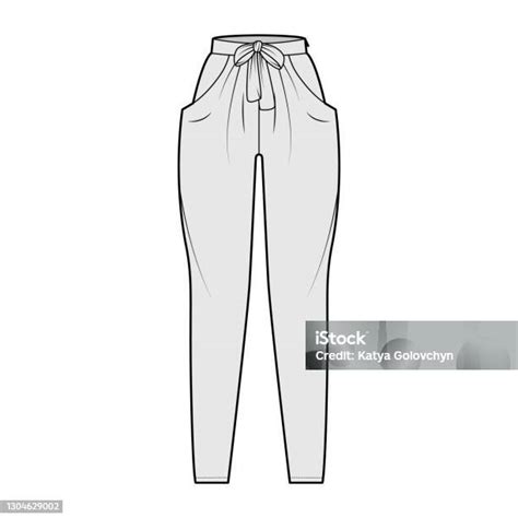 활 일반 허리 하이 라이즈 슬래시 포켓 드레이핑 프론트 전체 길이가 있는 Harem 팬츠 테크니컬 패션 일러스트 0명에 대한