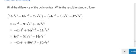 Find The Difference Of The Polynomials Write The Result In Standard Form