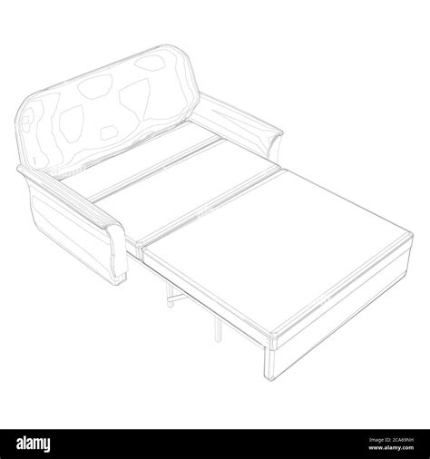 Wireframe Of A Folding Sofa Made Of Black Lines On A White Background Isometric View 3d