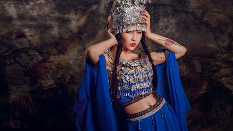 Wallpaper Chinese Girl Tattoo Headdress Blue Dress 1920x1440 Picture