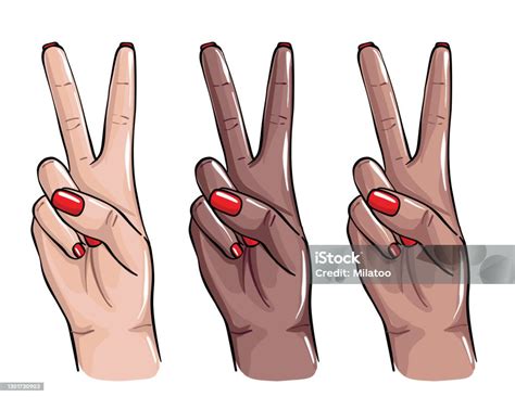 평화 표지판 손톱 손 예술 두 손가락 기호 흑인 여성 라티나와 백인 여성 손 제스처 빨간 매니큐어 스케치 미용 사온 절차 벡터 2명에 대한 스톡 벡터 아트 및 기타 이미지