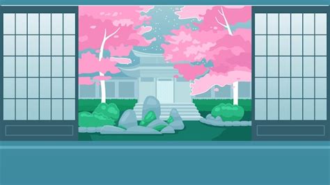 일본 방 인테리어 귀여운 Kawaii Lo Fi 배경 사쿠라 정원 2d ⁇ 터 만화 인테리어 일러스트레이션 Lofi 미학 벽지