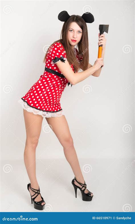 Busty Beautiful Young Girl In A Short Dress With Polka Dots Ax In One