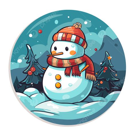 원형 배지 클립 아트에 빨간 모자에 귀여운 눈사람 벡터 7 월 무료 절연 만화 크리스마스와 스티커 디자인 상표 Png 일러스트 및 벡터 에 대한 무료 다운로드