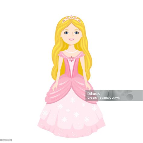 긴 황금 머리와 작은 공주 왕관과 분홍색 드레스 흰색 배경에 고립 된 아름다운 귀여운 금발 소녀 만화 간단한 평면 스타일의 아이