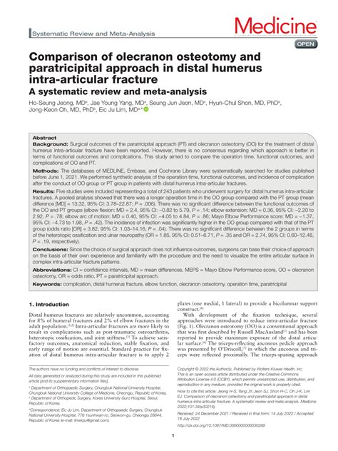 Pdf Comparison Of Olecranon Osteotomy And Paratricipital Approach In Distal Humerus Intra
