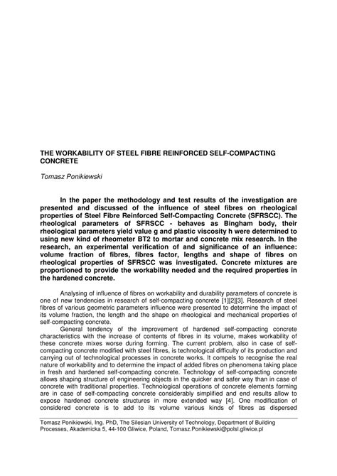 Pdf The Workability Of Steel Fibre Reinforced Self Compacting Concrete