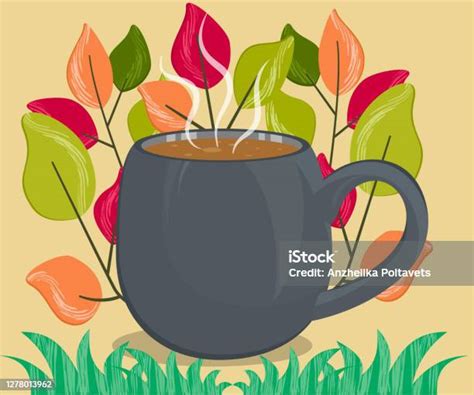 화려한 단풍의 배경에 향기로운 커피 한 잔 가을 저녁과 가정의 편안함을 위한 따뜻한 음료 플랫 만화 스타일의 벡터 일러스트레이션