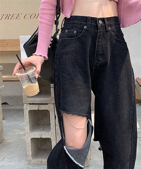 키큰녀 무배 와이드 슬릿 흑청 찢청 하이웨스트 청바지 긴바지 롱 팬츠