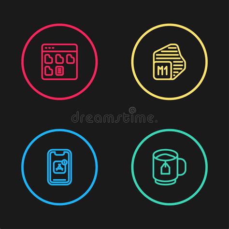 Set Line Mobile Apps Cup Of Tea With Tea Bag Processor And Browser Files Icon Vector Stock