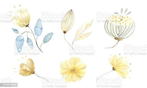 흰색 배경에 고립 된 요소 다양한 추상적 인 금 꽃과 싹의 수채화 세트 0명에 대한 스톡 벡터 아트 및 기타 이미지 0명