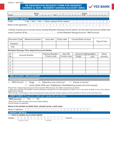 Yesbank Re Designation Request Form Resident To Non Savings Nro Download Free Pdf Debit Card