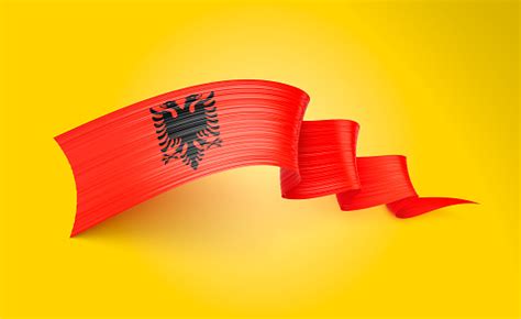 알바니아의 3d 국기 3d 물결 모양의 반짝이는 알바니아 리본 노란색 배경 3d 일러스트 레이 션에 절연 0명에 대한 스톡 사진 및 기타 이미지 Istock