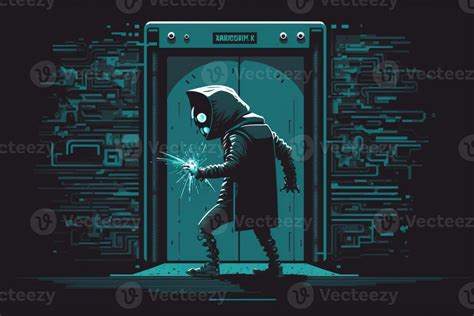 Illustration Of A Hacker Attempting To Break Into A Digital System With A Lock Icon On The