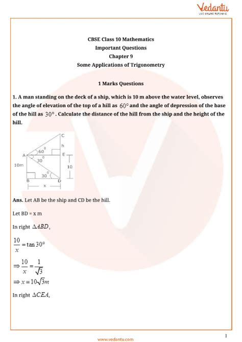 Some Applications Of Trigonometry Important Questions Of Class 10 Maths Chapter 9