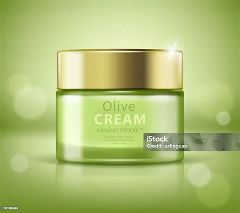 녹색 배경에 올리브 크림 항아리 현대 디자인 판매를 위한 광고 템플릿 화장품 얼굴 크림 바디에 대 한 요소입니다 현실적인 벡터 일러스트입니다 3차원 형태에 대한 스톡 벡터