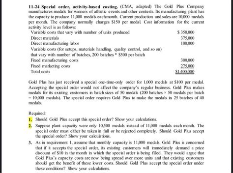 Solved 11 24 Special Order Activity Based Costing Cma