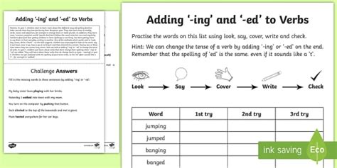 Year 1 Spelling Practice Adding Ing And Ed To Verbs Homework Worksheet