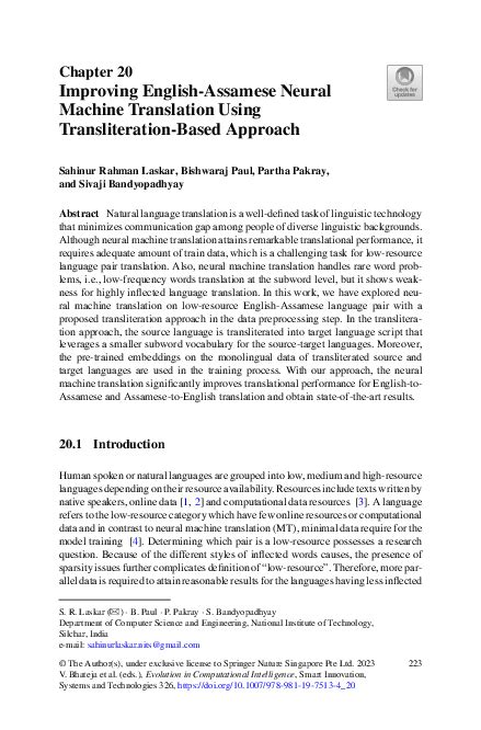 Pdf Improving English Assamese Neural Machine Translation Using Transliteration Based Approach