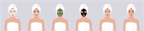 얼굴 관리를 위한 6개의 벡터 스톡 플랫 일러스트레이션 세트입니다 하얀 수건으로 감싸인 한 젊은 유럽 소녀가 얼굴에 다양한 종류의 화장품 마스크를 쓰고 머리에 하얀 수건을