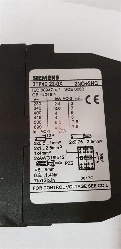 Siemens 3tf40 22 0xf0 Contactor 22e 230 690vac 2no2nc Ac 3 4kw 400v