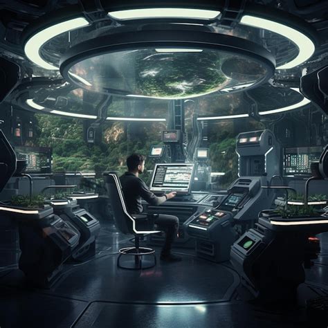 Premium Ai Image Arafed View Of A Man Sitting At A Computer Desk In A Spaceship Generative Ai