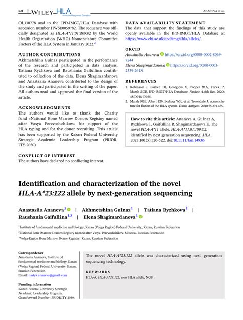 Identification And Characterization Of The Novel Hla‐a 23 122 Allele By Next‐generation