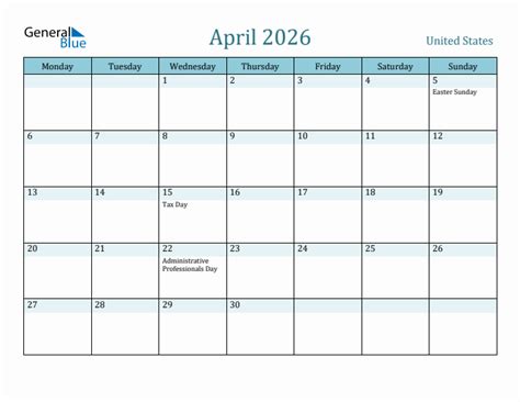 April 2026 United States Monthly Calendar With Holidays Monday Start