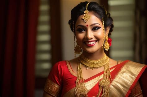 Premium Ai Image Playful Assamese Bride In Royal Red And Gold Mekhela