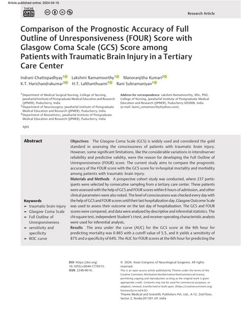 Pdf Comparison Of The Prognostic Accuracy Of Full Outline Of Unresponsiveness Four Score