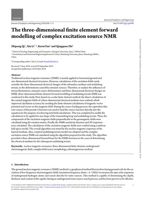 Pdf The Three Dimensional Finite Element Forward Modelling Of Complex Excitation Source Nmr