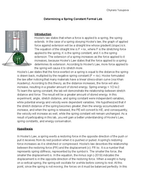 Determining A Spring Constant Formal Lab Chynara Yusupova Determining A Spring Constant Formal