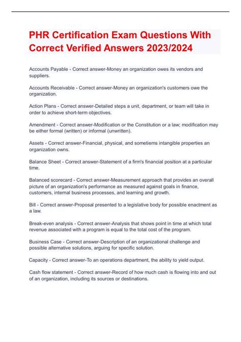 Phr Certification Exam Questions With Correct Verified Answers