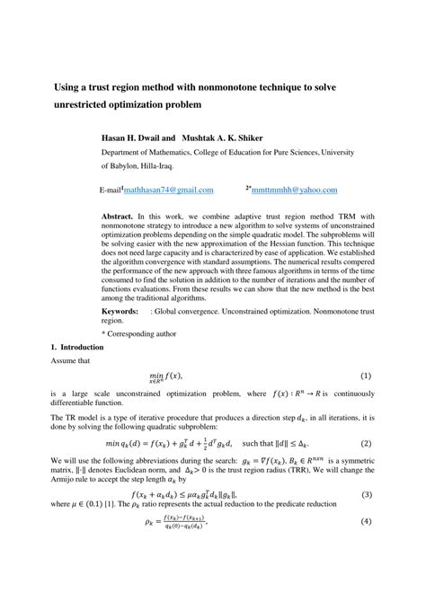 pdf using a trust region method with nonmonotone technique to solve