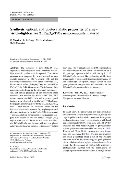 Pdf Synthesis Optical And Photocatalytic Properties Of A New Visible Light Active Znfe2o4