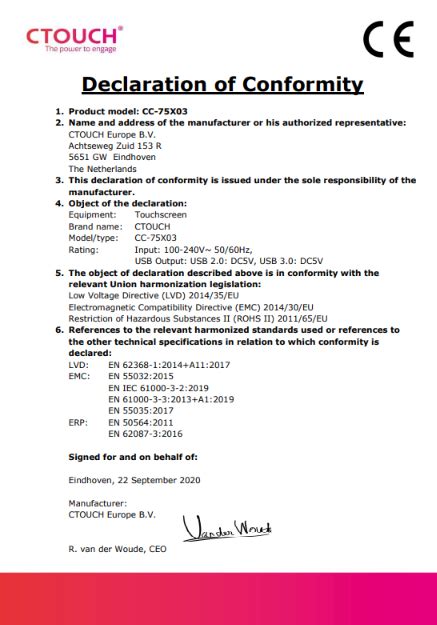 EU Declaration Of Conformity CTOUCH Support