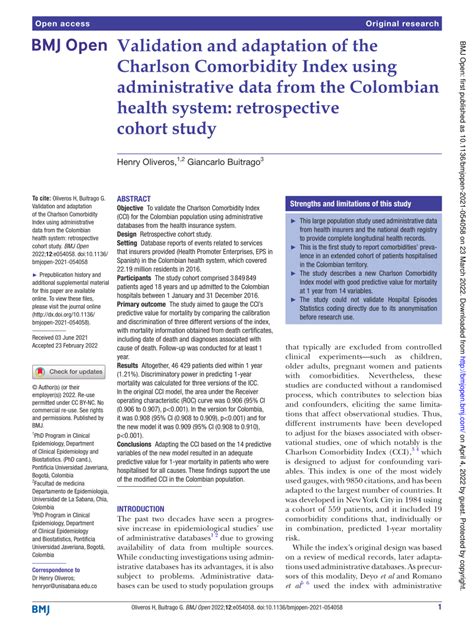 Pdf Validation And Adaptation Of The Charlson Comorbidity Index Using