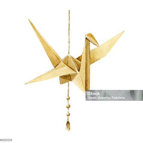 일본 종이 크레인 전통적인 종이 접기 크레인은 베이지 색입니다 수채화 그림입니다 아름 다운 귀여운 손으로 그린 그림 엽서 아시아 문화 0명에 대한 스톡 벡터 아트 및 기타