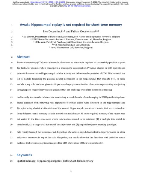 Pdf Awake Hippocampal Replay Is Not Required For Short Term Memory