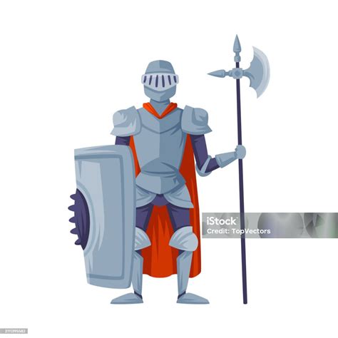 방패와 장대 도끼로 서 있는 전체 갑옷에 있는 중세 기사 정면 보기 벡터 일러스트 레이 션 강철에 대한 스톡 벡터 아트 및 기타